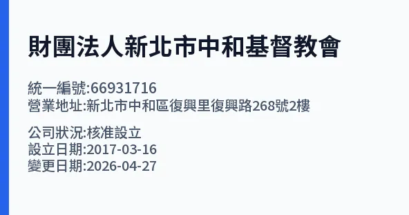 財團法人新北市中和基督教會的照片-統編 66931716(新北市) 公司登記資料與營業項目詳細圖表