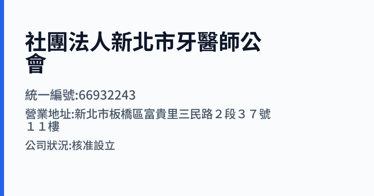 社團法人新北市牙醫師公會 - 統編 66932243(新北市) 公司登記資料與營業項目詳細圖表