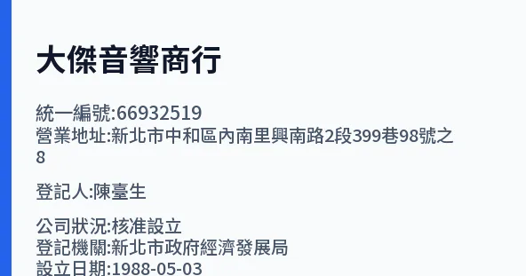 大傑音響商行的照片-統編 66932519(新北市) 公司登記資料與營業項目詳細圖表