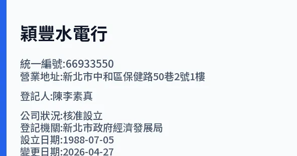 穎豐水電行的照片-統編 66933550(新北市) 公司登記資料與營業項目詳細圖表