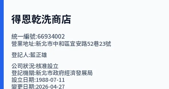 得恩乾洗商店的照片-統編 66934002(新北市) 公司登記資料與營業項目詳細圖表