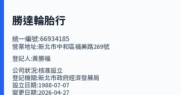 勝達輪胎行的照片-統編 66934185(新北市) 公司登記資料與營業項目詳細圖表