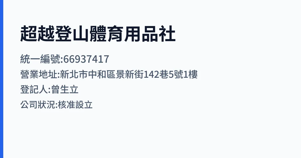 超越登山體育用品社 - 統編 66937417(新北市) 公司登記資料與營業項目詳細圖表