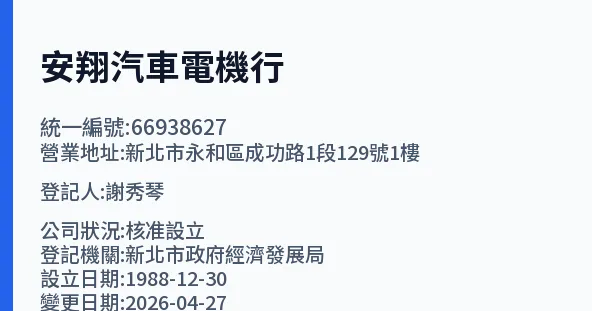 安翔汽車電機行的照片-統編 66938627(新北市) 公司登記資料與營業項目詳細圖表