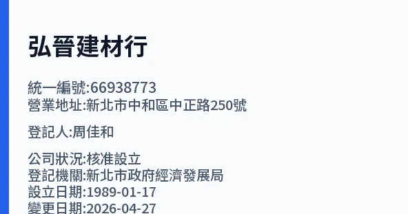 弘晉建材行的照片-統編 66938773(新北市) 公司登記資料與營業項目詳細圖表
