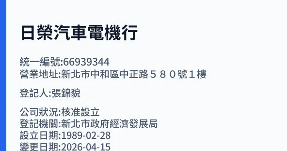 日榮汽車電機行的照片-統編 66939344(新北市) 公司登記資料與營業項目詳細圖表