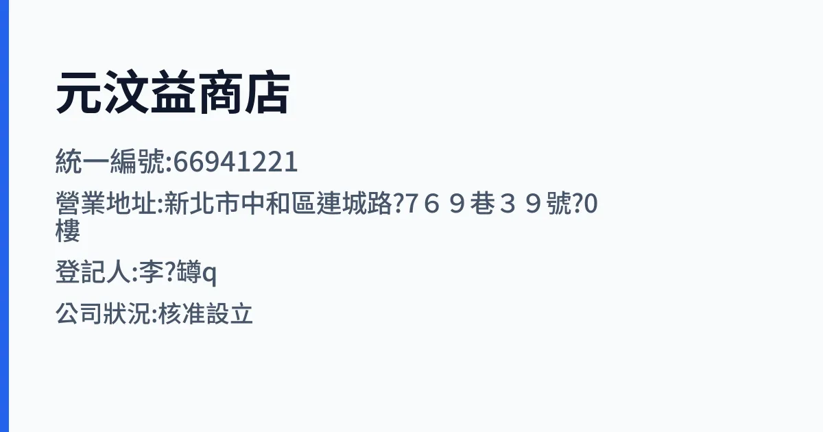 元汶益商店 - 統編 66941221(新北市) 公司登記資料與營業項目詳細圖表