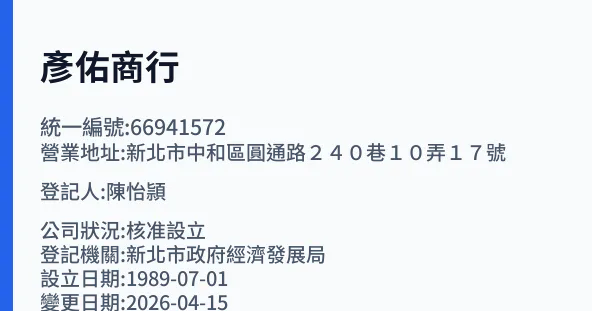 彥佑商行的照片-統編 66941572(新北市) 公司登記資料與營業項目詳細圖表
