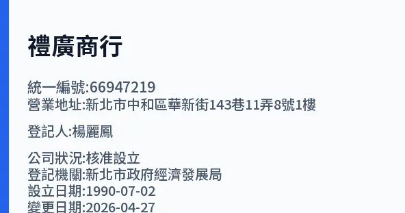 禮廣商行的照片-統編 66947219(新北市) 公司登記資料與營業項目詳細圖表