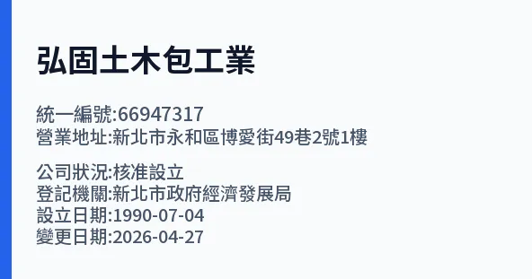 弘固土木包工業的照片-統編 66947317(新北市) 公司登記資料與營業項目詳細圖表
