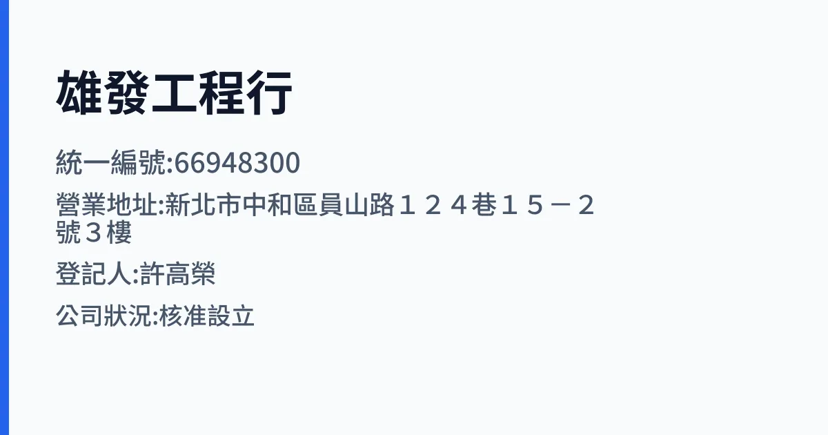 雄發工程行 - 統編 66948300(新北市) 公司登記資料與營業項目詳細圖表