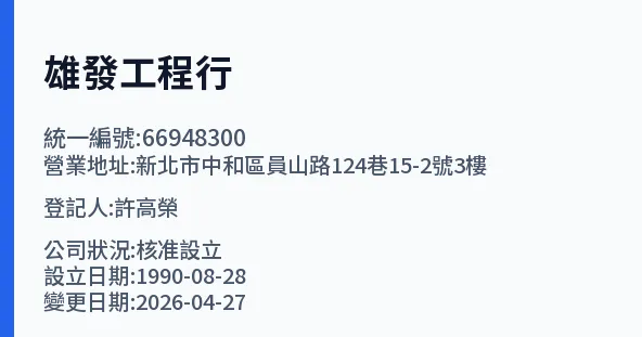 雄發工程行的照片-統編 66948300(新北市) 公司登記資料與營業項目詳細圖表