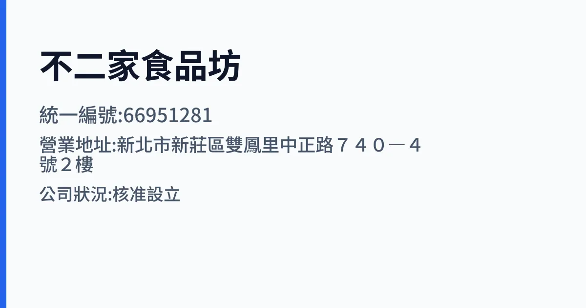 不二家食品坊 - 統編 66951281(新北市) 公司登記資料與營業項目詳細圖表