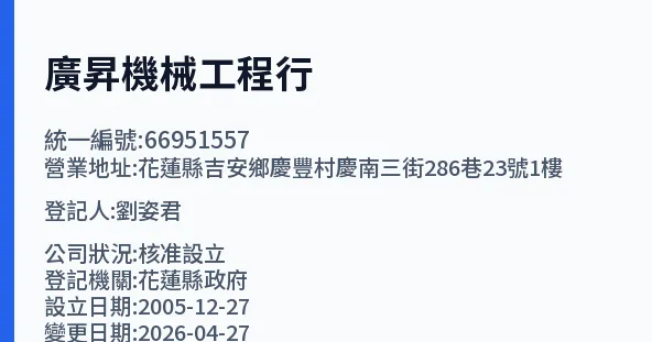 廣昇機械工程行的照片-統編 66951557(花蓮縣) 公司登記資料與營業項目詳細圖表