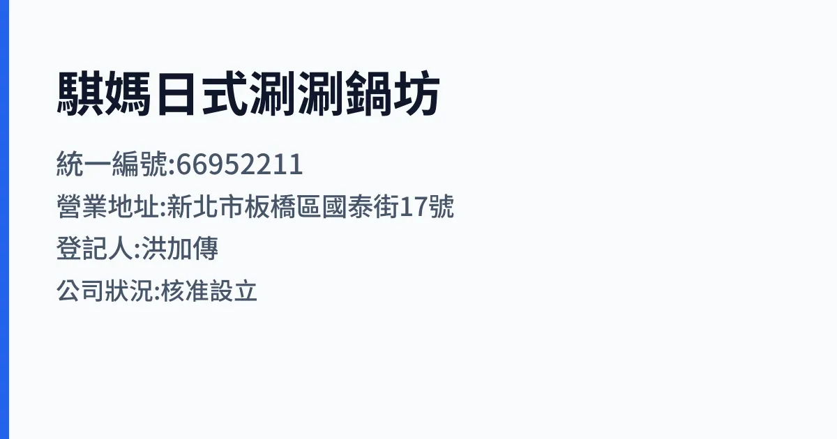 騏媽日式涮涮鍋坊 - 統編 66952211(新北市) 公司登記資料與營業項目詳細圖表