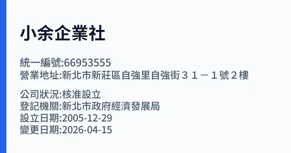 小余企業社的照片-統編 66953555(新北市) 公司登記資料與營業項目詳細圖表