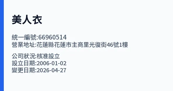 美人衣的照片-統編 66960514(花蓮縣) 公司登記資料與營業項目詳細圖表