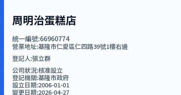 周明治蛋糕店的照片-統編 66960774(基隆市) 公司登記資料與營業項目詳細圖表