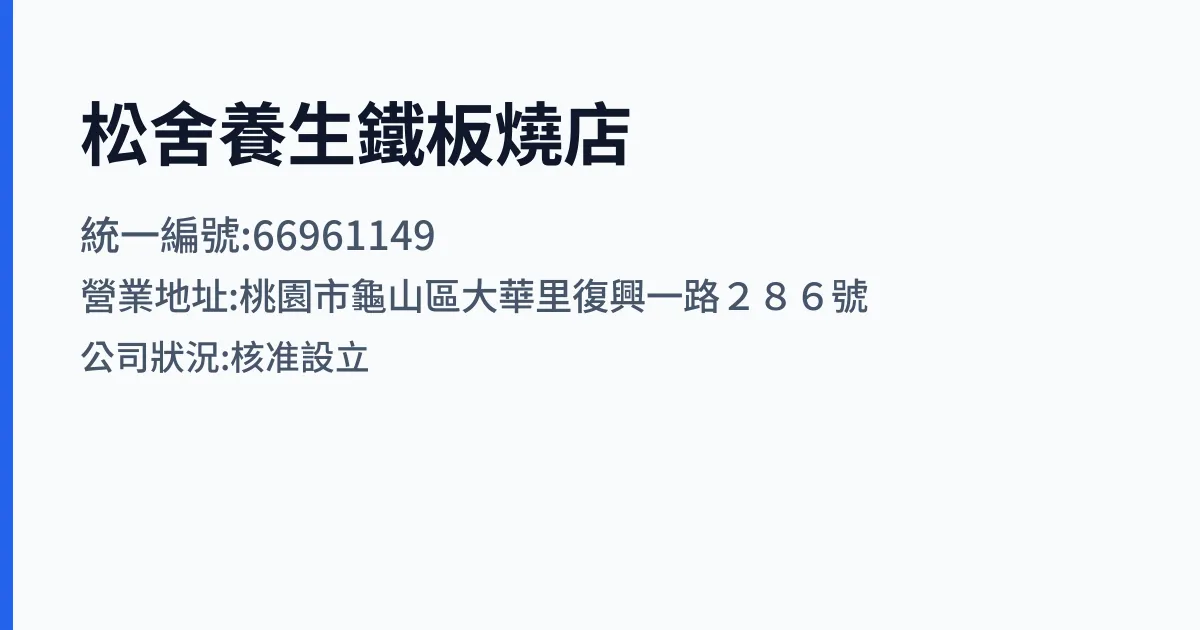 松舍養生鐵板燒店 - 統編 66961149(桃園市) 公司登記資料與營業項目詳細圖表