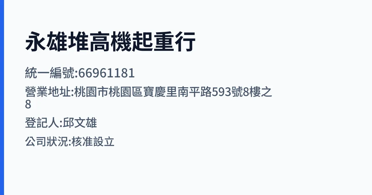 永雄堆高機起重行 - 統編 66961181(桃園市) 公司登記資料與營業項目詳細圖表