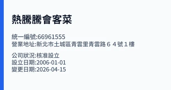 熱騰騰會客菜的照片-統編 66961555(新北市) 公司登記資料與營業項目詳細圖表