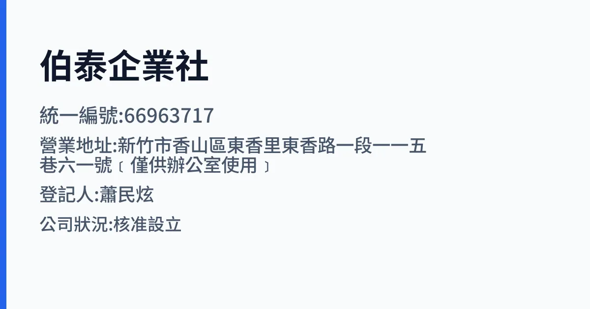 伯泰企業社 - 統編 66963717(新竹市) 公司登記資料與營業項目詳細圖表