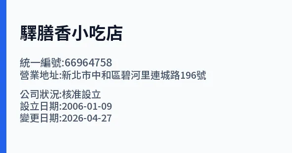 驛膳香小吃店的照片-統編 66964758(新北市) 公司登記資料與營業項目詳細圖表