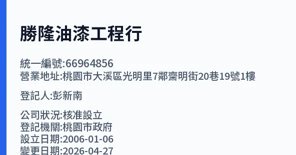 勝隆油漆工程行的照片-統編 66964856(桃園市) 公司登記資料與營業項目詳細圖表