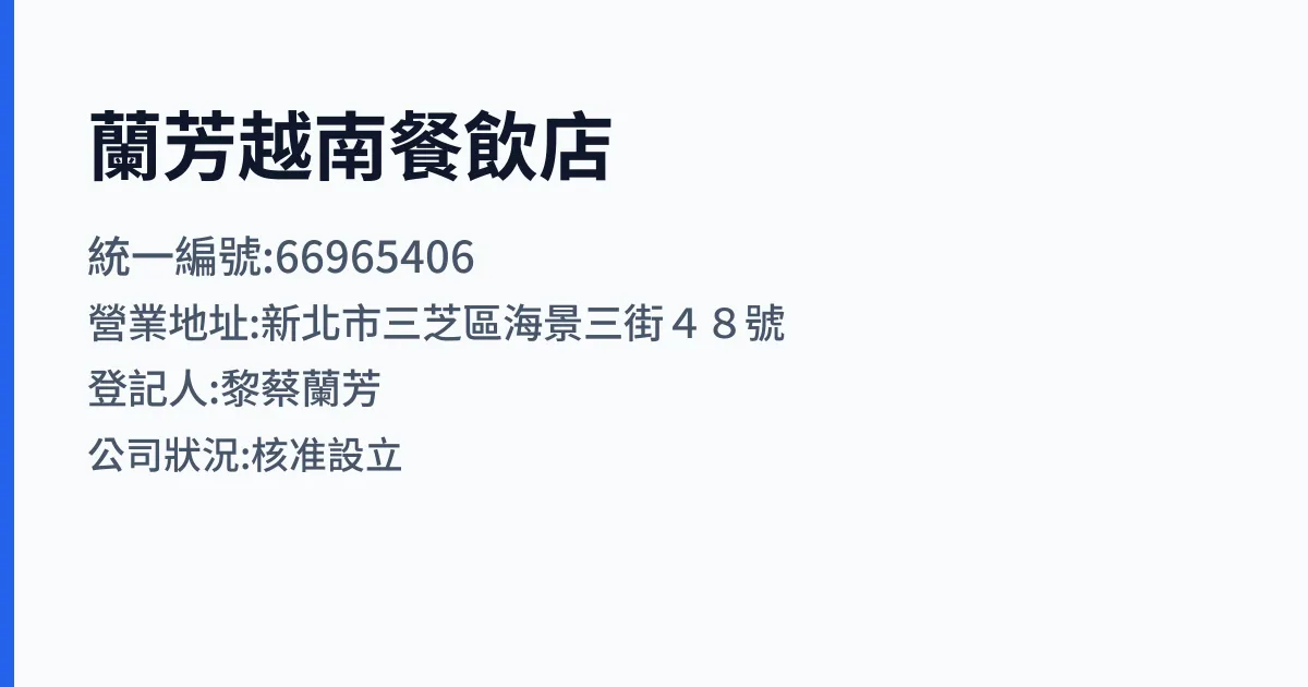 蘭芳越南餐飲店 - 統編 66965406(新北市) 公司登記資料與營業項目詳細圖表