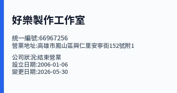 好樂製作工作室的照片-統編 66967256(高雄市) 公司登記資料與營業項目詳細圖表