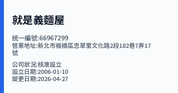 就是義麵屋的照片-統編 66967299(新北市) 公司登記資料與營業項目詳細圖表