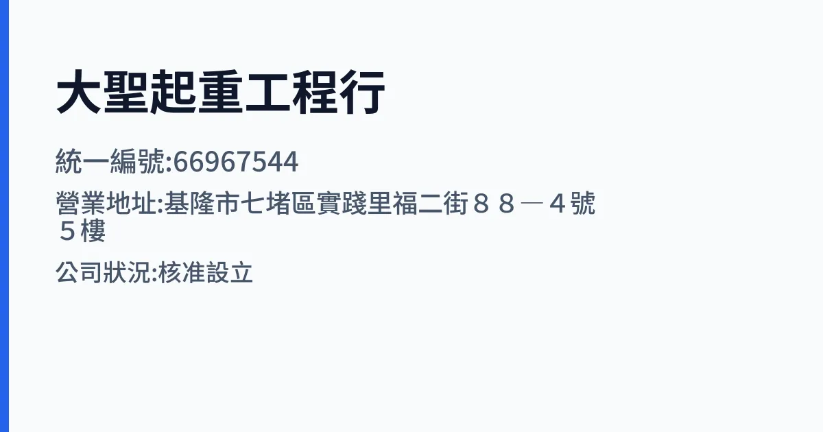 大聖起重工程行 - 統編 66967544(基隆市) 公司登記資料與營業項目詳細圖表