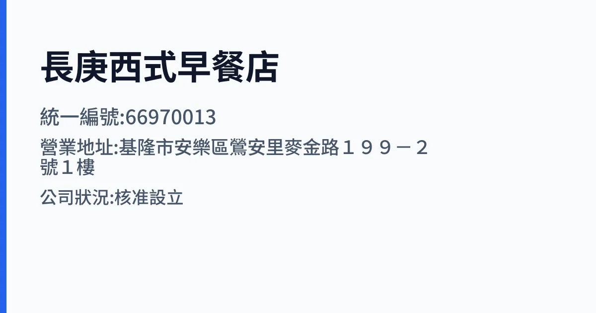 長庚西式早餐店 - 統編 66970013(基隆市) 公司登記資料與營業項目詳細圖表