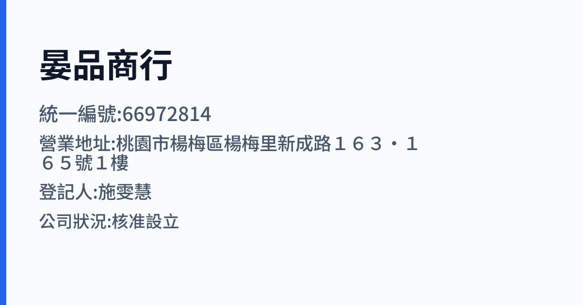 晏品商行 - 統編 66972814(桃園市) 公司登記資料與營業項目詳細圖表