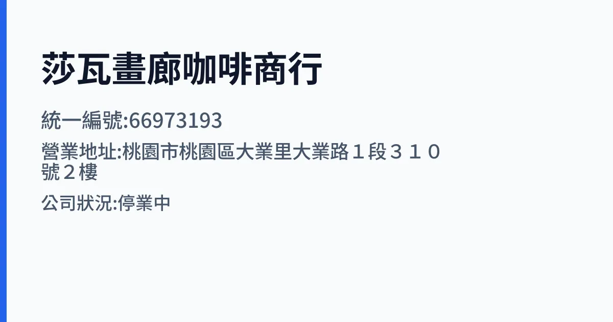 莎瓦畫廊咖啡商行 - 統編 66973193(桃園市) 公司登記資料與營業項目詳細圖表
