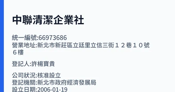 中聯清潔企業社的照片-統編 66973686(新北市) 公司登記資料與營業項目詳細圖表