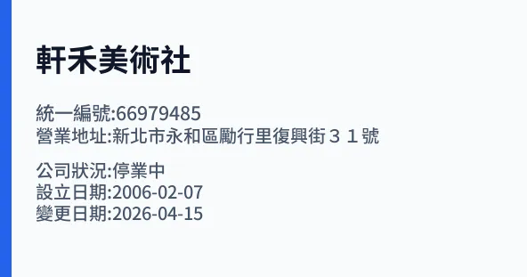軒禾美術社的照片-統編 66979485(新北市) 公司登記資料與營業項目詳細圖表