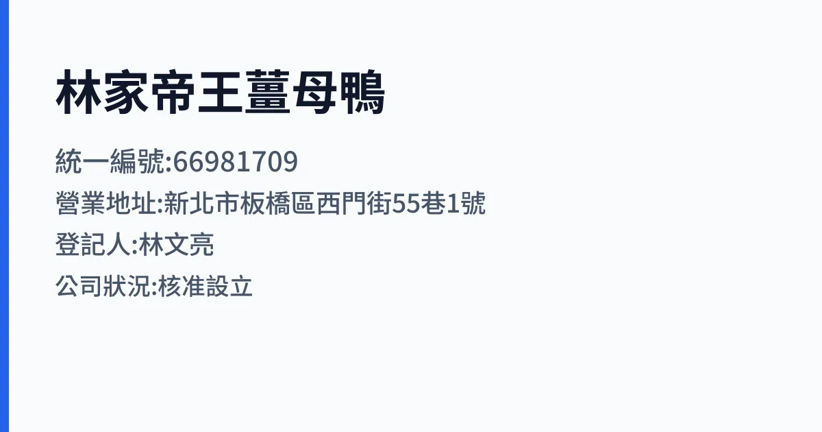 林家帝王薑母鴨 - 統編 66981709(新北市) 公司登記資料與營業項目詳細圖表