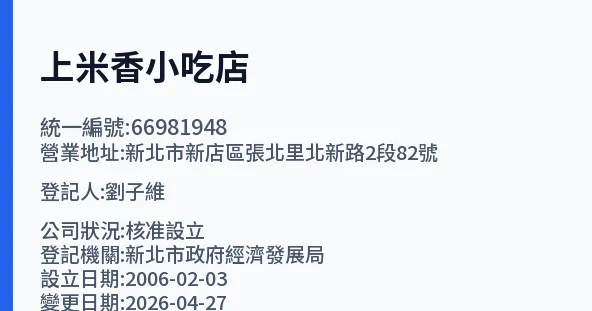 上米香小吃店的照片-統編 66981948(新北市) 公司登記資料與營業項目詳細圖表