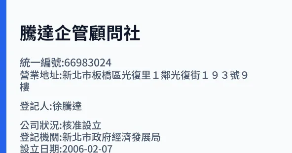 騰達企管顧問社的照片-統編 66983024(新北市) 公司登記資料與營業項目詳細圖表