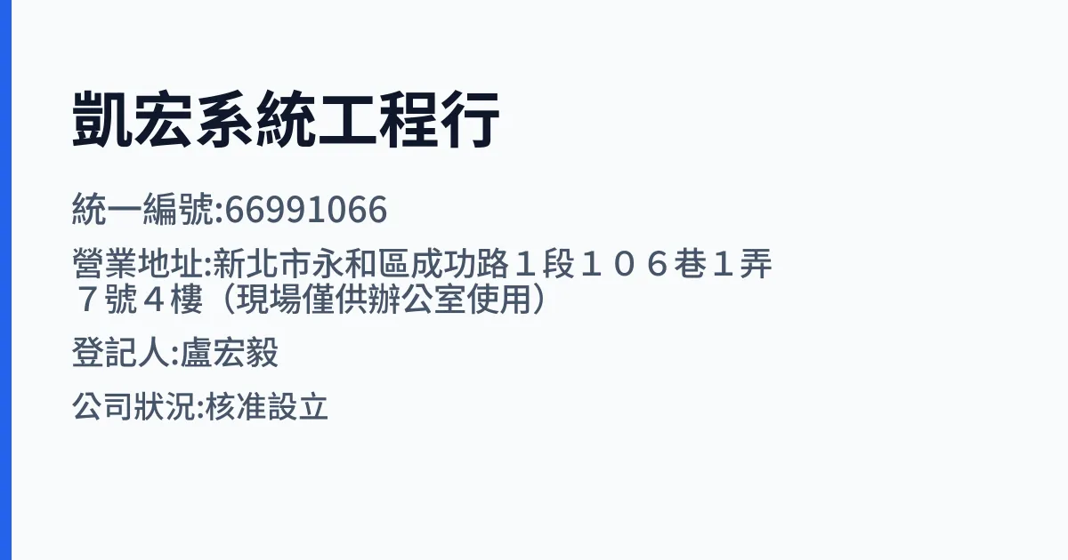 凱宏系統工程行 - 統編 66991066(新北市) 公司登記資料與營業項目詳細圖表