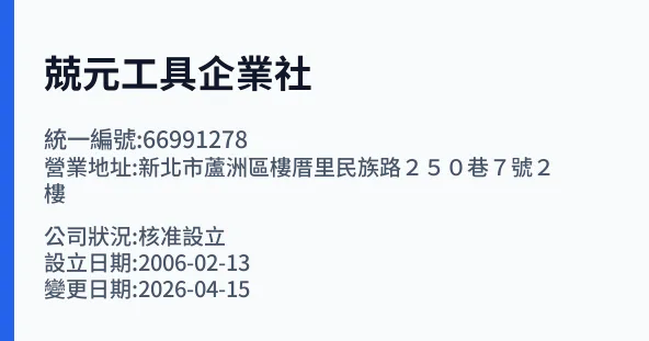 兢元工具企業社的照片-統編 66991278(新北市) 公司登記資料與營業項目詳細圖表