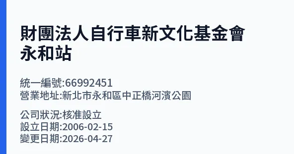 財團法人自行車新文化基金會永和站的照片-統編 66992451(新北市) 公司登記資料與營業項目詳細圖表