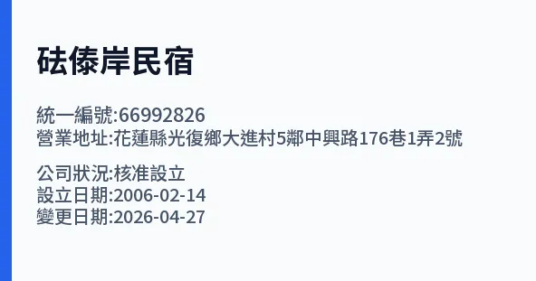砝傣岸民宿的照片-統編 66992826(花蓮縣) 公司登記資料與營業項目詳細圖表