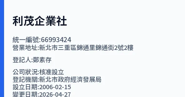 利茂企業社的照片-統編 66993424(新北市) 公司登記資料與營業項目詳細圖表