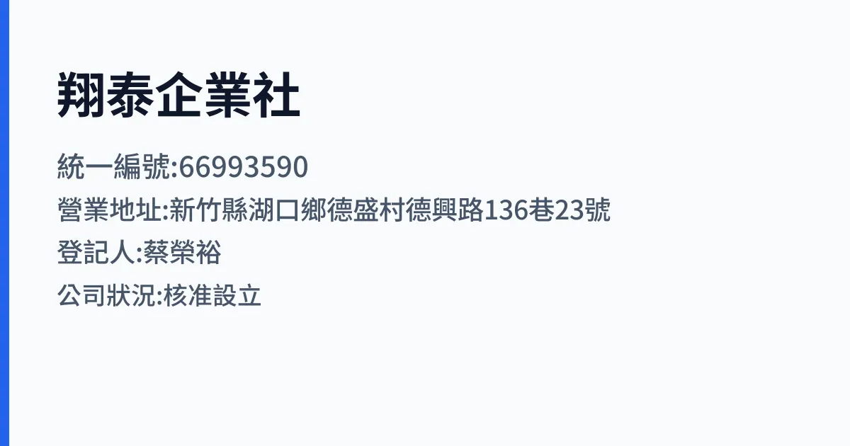 翔泰企業社 - 統編 66993590(新竹縣) 公司登記資料與營業項目詳細圖表