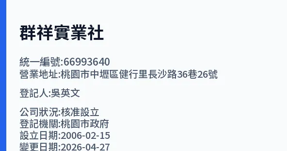 群祥實業社的照片-統編 66993640(桃園市) 公司登記資料與營業項目詳細圖表