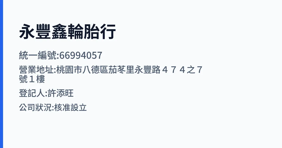 永豐鑫輪胎行 - 統編 66994057(桃園市) 公司登記資料與營業項目詳細圖表