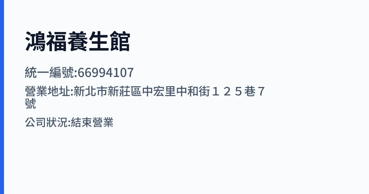 鴻福養生館 - 統編 66994107(新北市) 公司登記資料與營業項目詳細圖表
