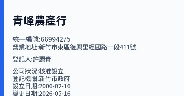 青峰農產行的照片-統編 66994275(新竹市) 公司登記資料與營業項目詳細圖表